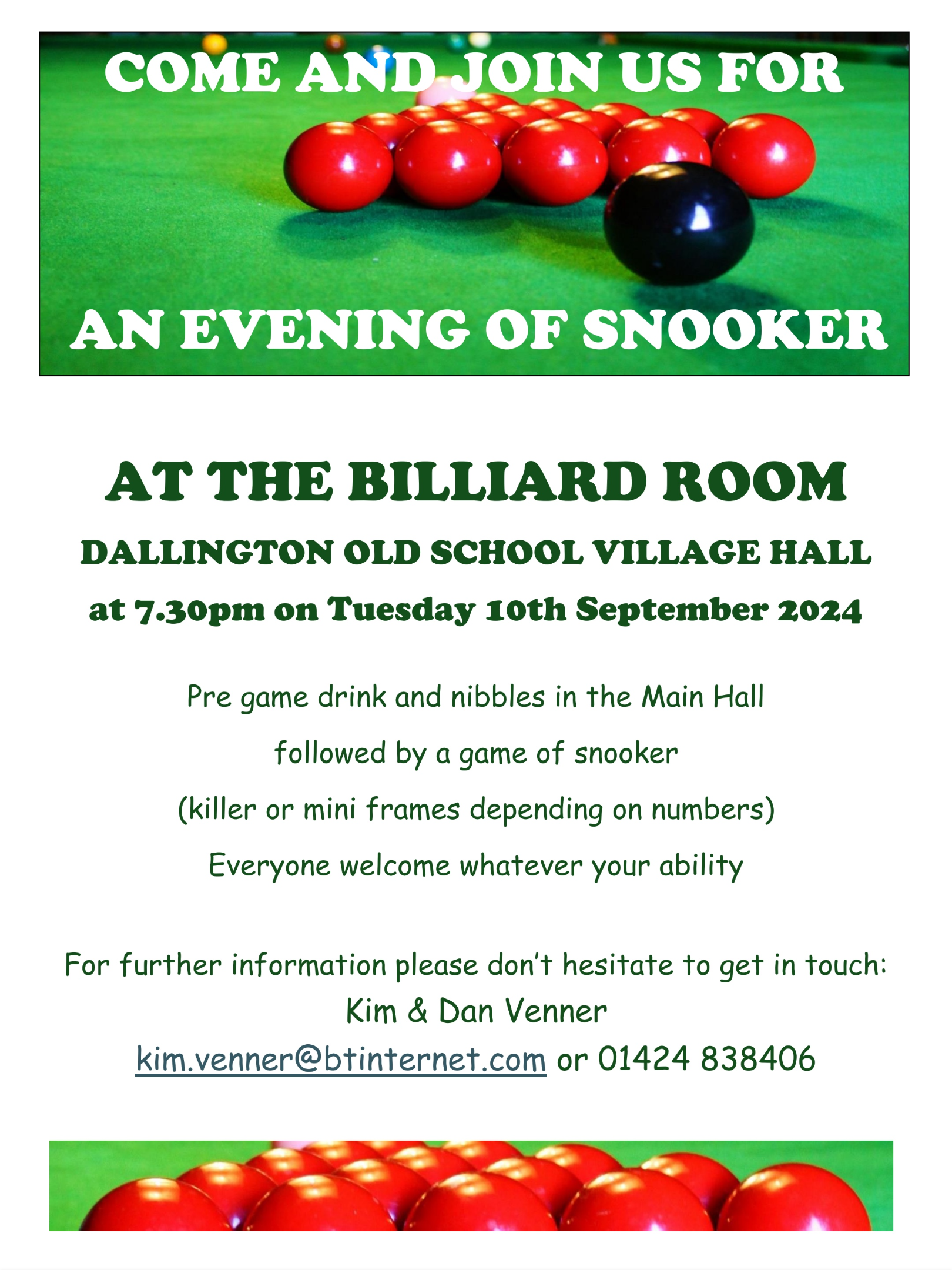 An Evening of Snooker 10th September – Dallington Parish Website